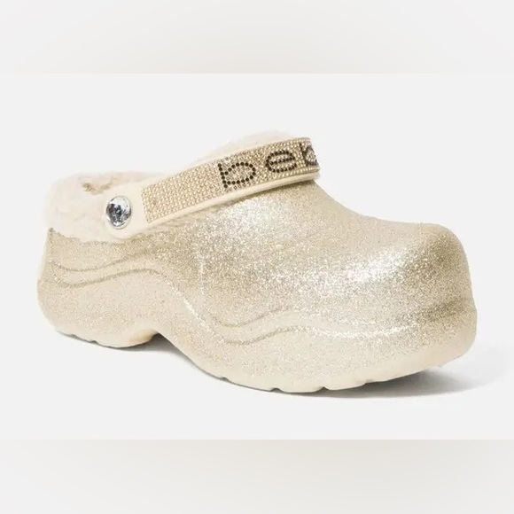 bebe | Shoes | Bebe Bling Gold Glitter Fur Lined Platform Clogs | Poshmark